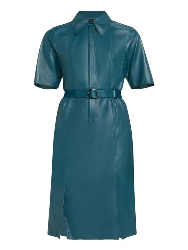 Akris Short-sleeve Nappa Leather Belted Shirtdress - River Green