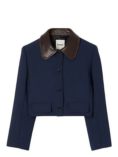 Sandro Contrast-collar Cropped Jacket - Navy Blue