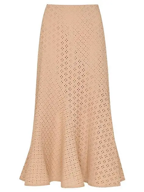 Whistles Broderie Fluted-hem Midi Skirt - Tan