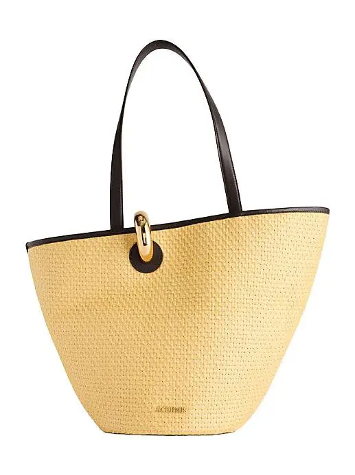 Jacquemus The Bambola Asymmetric Raffia-effect Woven Bucket Bag - Natural / Dark Brown