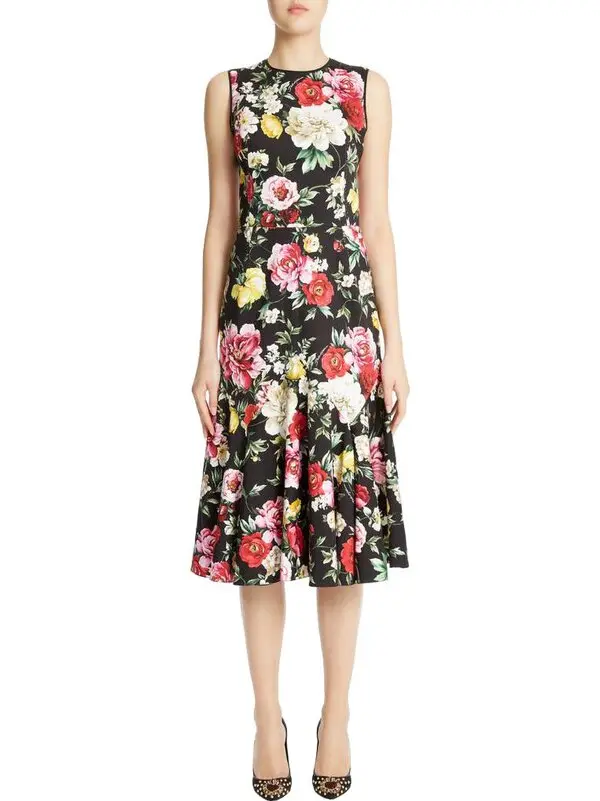 Dolce & Gabbana Floral Print Flare Hem Dress - Black