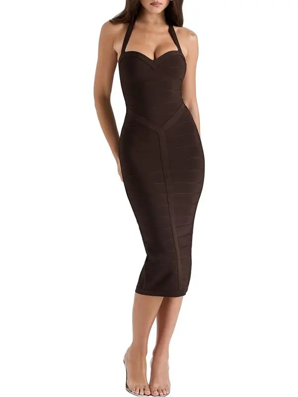 House Of Cb Halter Neck Bandage Midi Dress - Chocolate