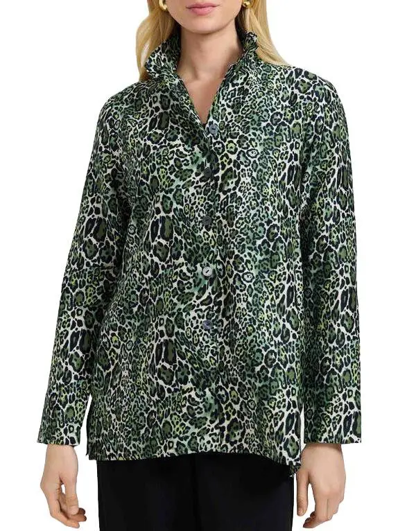 Foxcroft Carolina Leopard Print Cotton Sateen Shirt - Basil Green/ Multi