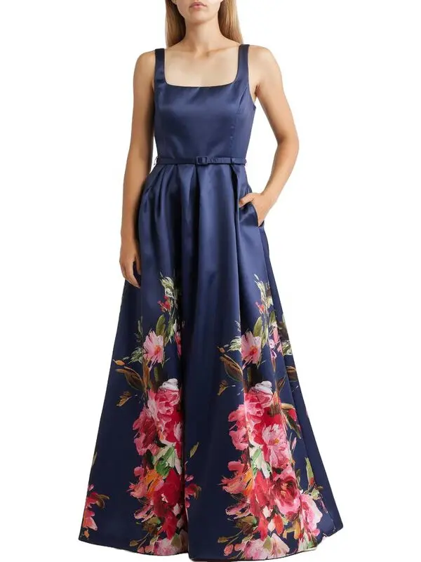 Julia Jordan Belted Mikado Ballgown - Navy