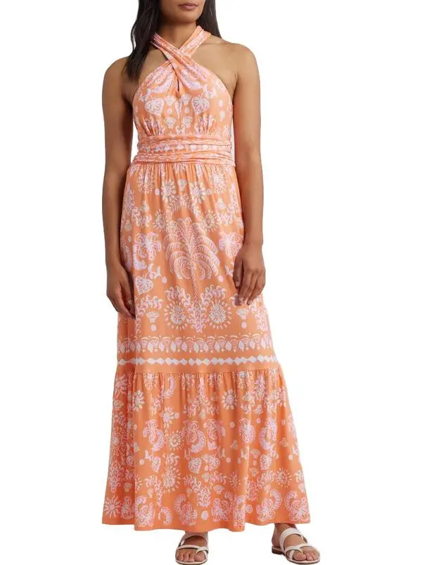 LILLY PULITZER® Montecito Mixed Print Cross Neck Maxi Dress - Papaya