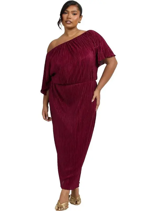 FASHION-SZN CURVE Off-the-shoulder Plisse Midaxi Dress - Burgundy