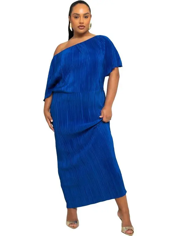 FASHION-SZN CURVE Off-the-shoulder Plisse Midi Dress - Cobalt Blue
