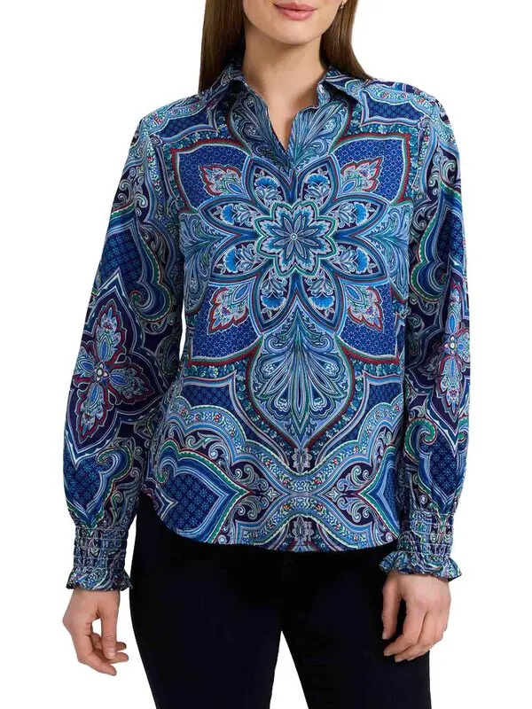 Foxcroft Printed Smocked Cuff Cotton Button-up Shirt - Blue/ Multi