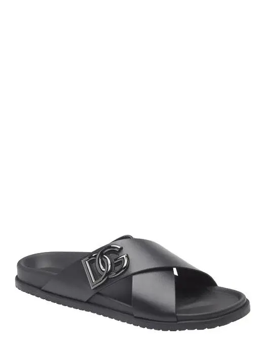 Dolce & Gabbana Logo Leather Slide Sandal - 80999 Nero