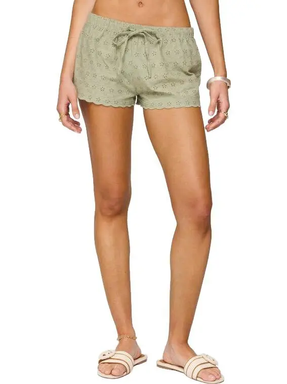 EDIKTED Talula Cotton Eyelet Tie Waist Shorts - Olive