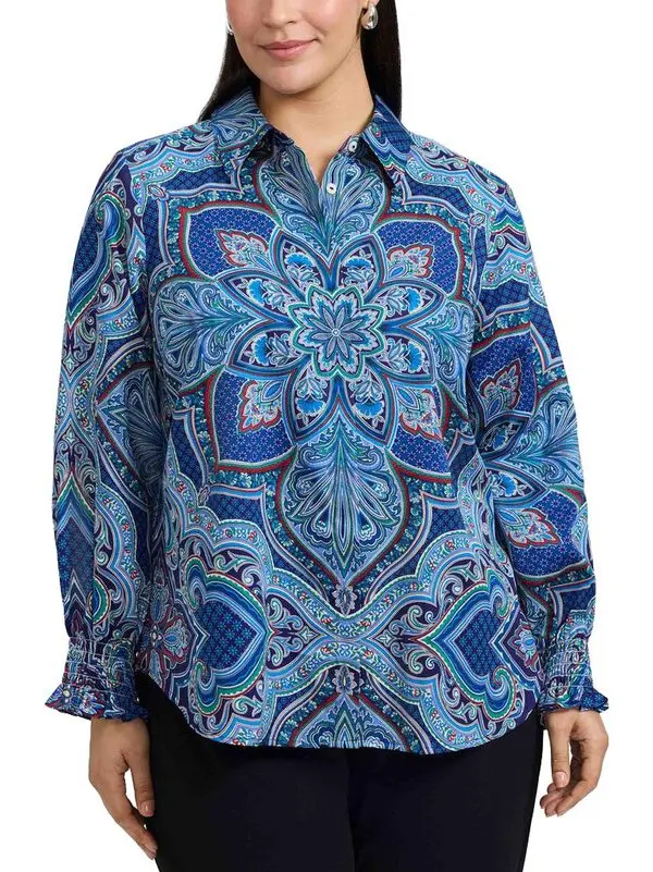 Foxcroft Printed Smocked Cuff Cotton Button-up Shirt - Blue Multi
