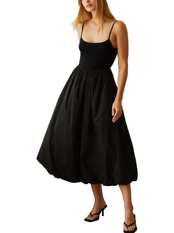 CRESCENT Mixed Media Bubble Skirt Midi Dress - Black