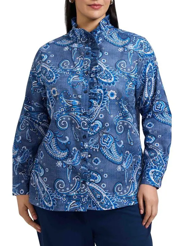 Foxcroft Sadie Paisley Ruffle Cotton Poplin Button-up Shirt - Blue Multi