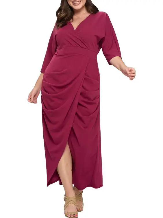 L I V D Dolman Elbow Sleeve Stretch Faux Wrap Maxi Dress - Magenta