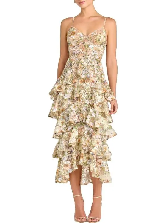 NADINE MERABI Florence Beaded Floral Tiered Midi Dress - Green