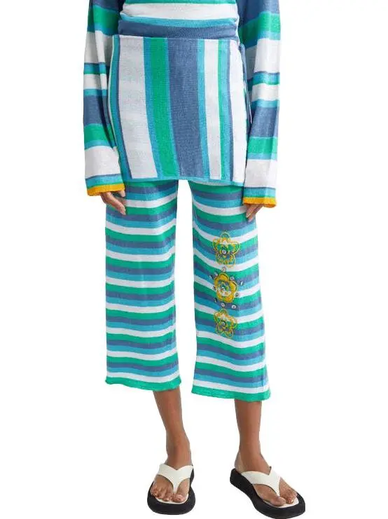 YANYAN Embroidered Stripe Crop Linen Pants With Removable Wrap Panel - Denim/ Peppermint/ White Multi