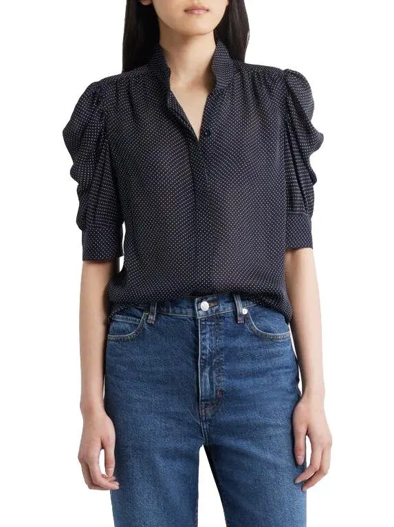 FRAME The Gillian Puff Sleeve Silk Blouse - Navy Multi