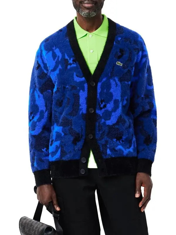 Lacoste Relaxed-fit Floral Cardigan - Globe/ Navy Blue-lazuli