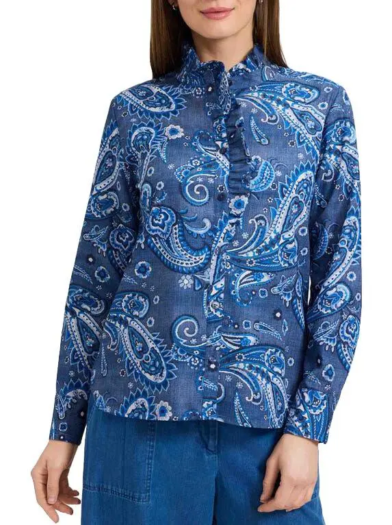 Foxcroft Sadie Paisley Ruffle Cotton Poplin Button-up Shirt - Blue/ Multi