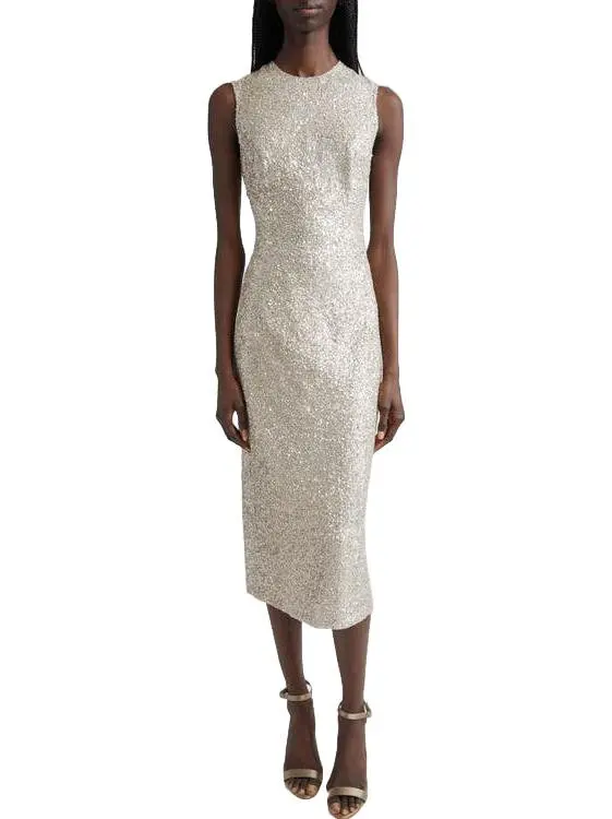 Michael Kors Hand-embroidered Sequin Sheath Midi Dress - Oyster