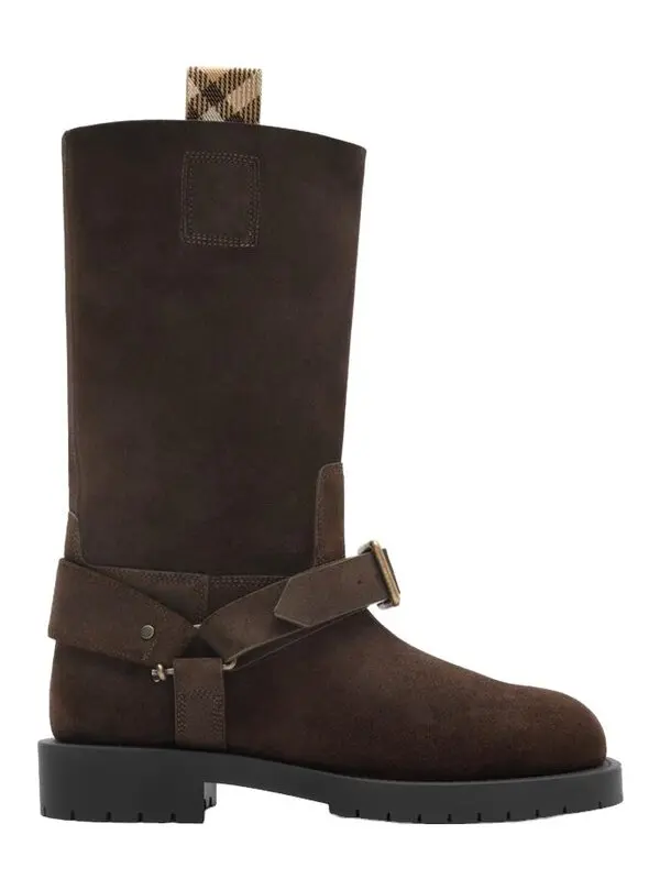 Burberry Leather Saddle Boots With Check Detail - Peat Brown
