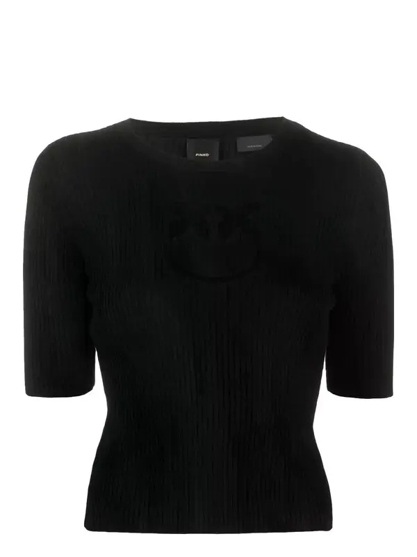 Pinko Ribbed Knit Cropped Top With Intarsia Logo - Black