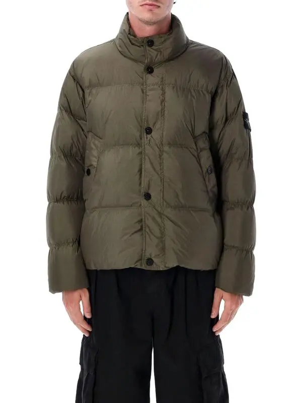 Stone Island Crinkle Effect Down Jacket - Military Green