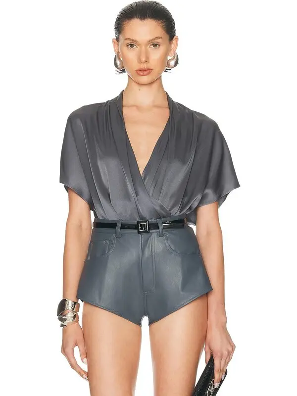Lapointe Satin Short Sleeve Wrap Top - Gray Blue