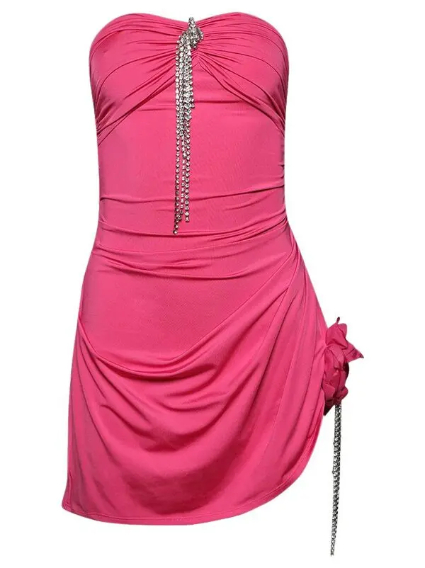 AREA Crystal Flower Draped Strapless Mini Dress - Red