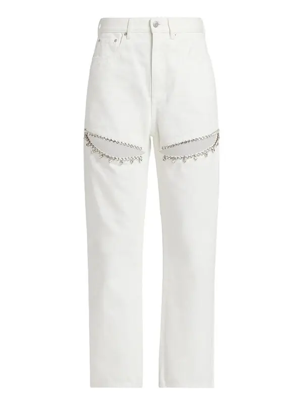 AREA Crystal Slit Straight Leg Jeans - White