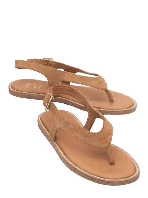 FOREVER & ALWAYS SHOES Belinda Leather Thong Sandals - Cognac Brown Suede Leather