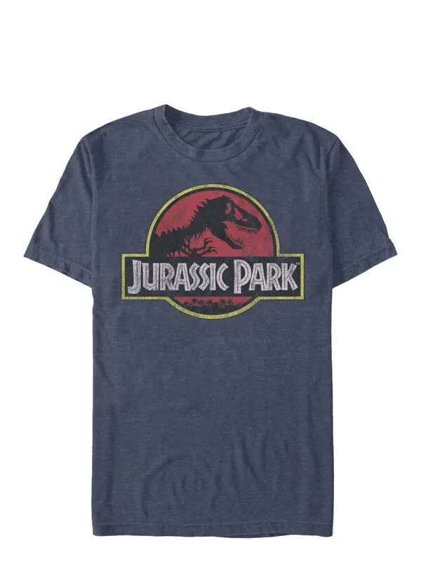 JURASSIC PARK Distressed T-rex Logo Graphic T-shirt - Navy Blue Heather