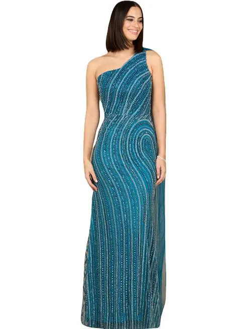 LARA NEW YORK One-shoulder Beaded Gown With Cape Sleeve - Dark Blue