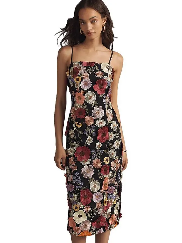 Endless Rose Sleeveless Floral Embroidered Midi Dress - Black Pattern