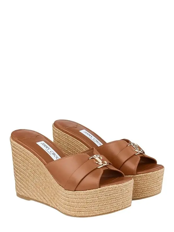 JIMMY CHOO Leda 100 Wedge Sandals - Tan/gold