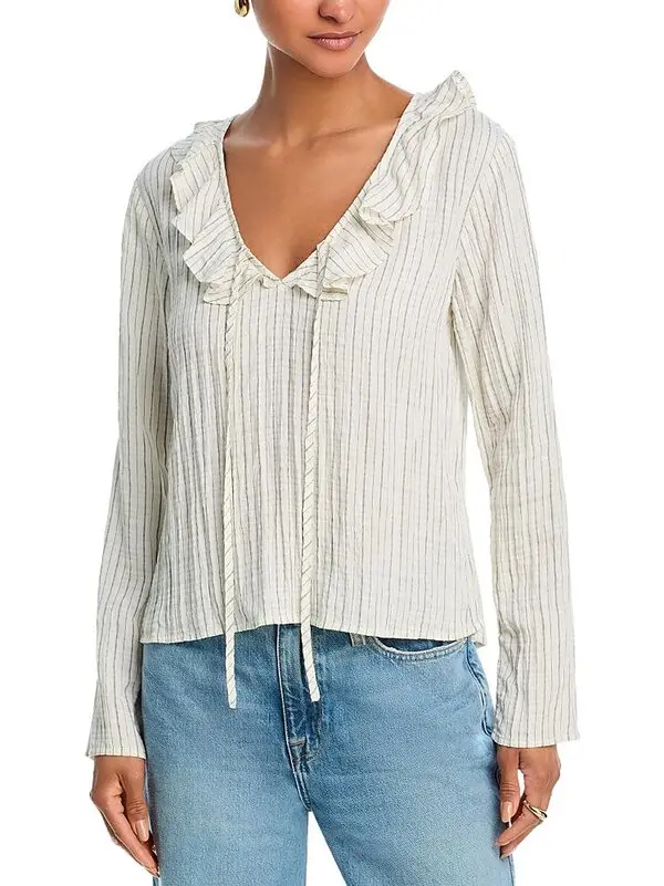 Bella Dahl Linen Ruffle Tie Neck Top - Ecru Black Pinstripe