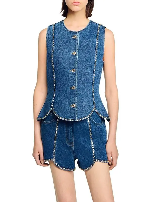 Sandro Rhinestone Denim Top - Blue Jean