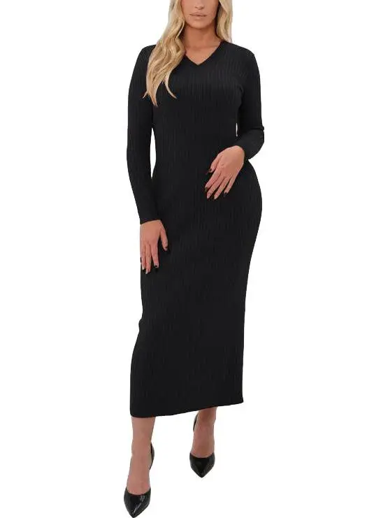 MARION Ribbed Long Sleeve V-neck Midi Sweater Dress - Black
