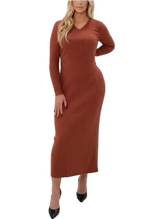 MARION Ribbed Long Sleeve V-neck Midi Sweater Dress - Copper
