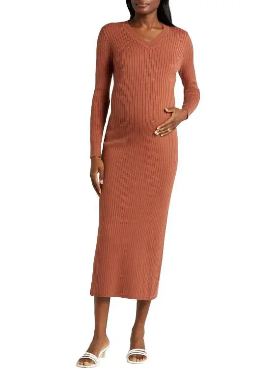 MARION Ribbed Long Sleeve V-neck Midi Sweater Dress - Copper