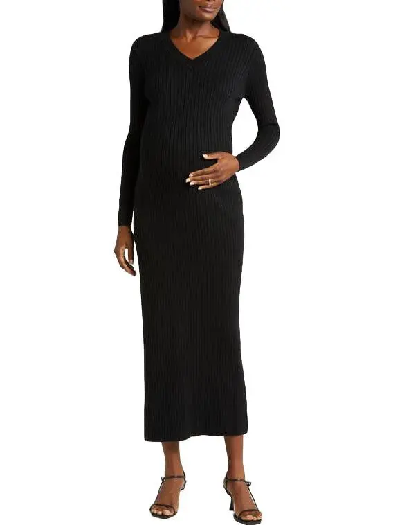 MARION Ribbed Long Sleeve V-neck Midi Sweater Dress - Soft Black
