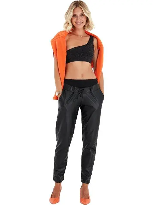 ACCOUCHEE Faux Leather Jogger Pants With Foldover Waistband - Black