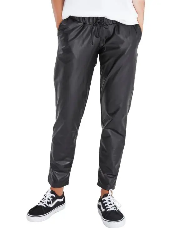 ACCOUCHEE Faux Leather Jogger Pants With Foldover Waistband - Black