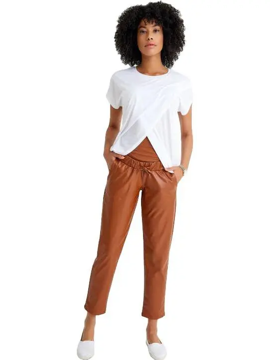 ACCOUCHEE Faux Leather Jogger Pants With Foldover Waistband - Toffee
