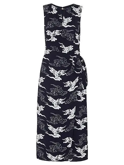Whistles Woven Midi Dress With Cloud Print And Tie Waist - Navy/multi