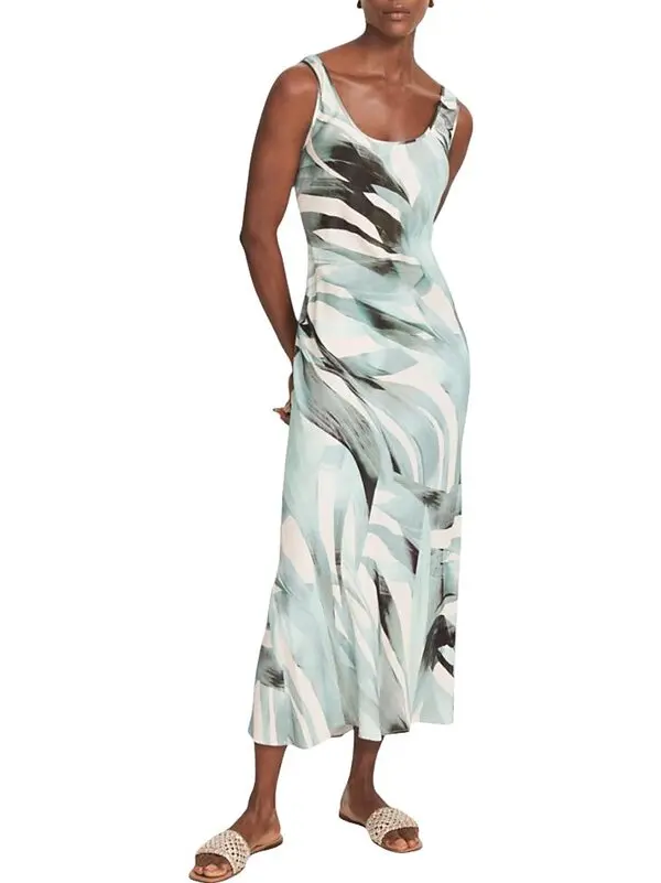 Mint Velvet Palm Print Satin Slip Midi Dress - Blue