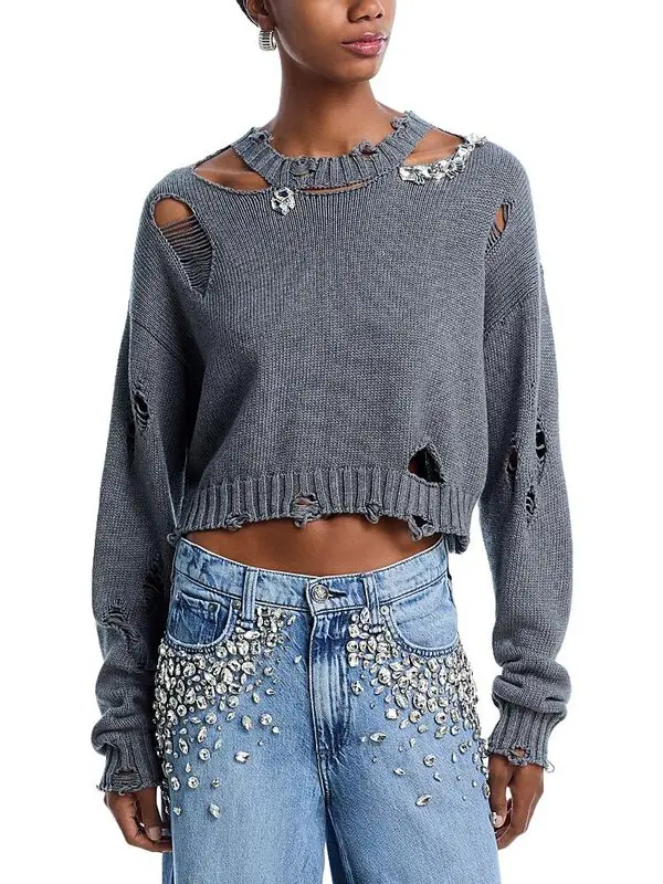 AREA Distressed Crystal Embellished Sweater - Heathered Grey