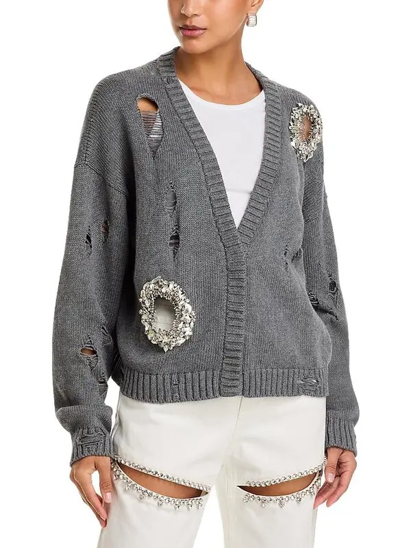 AREA Distressed Rhinestone Cardigan - Heathered Grey