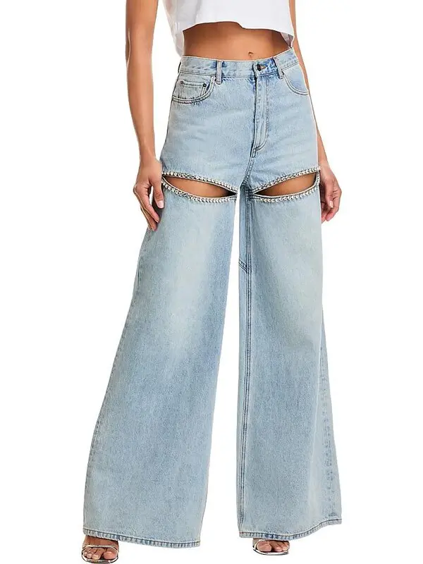 AREA Wide-leg Jeans With Crystal Slits - Light Blue