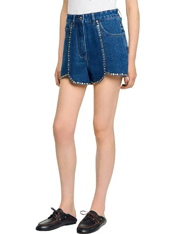 Sandro Rhinestone Embellished Denim Shorts - Blue Jean